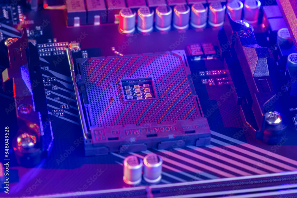 .Socket am4. Close up of the AM4 socket for the motherboard with neon ...