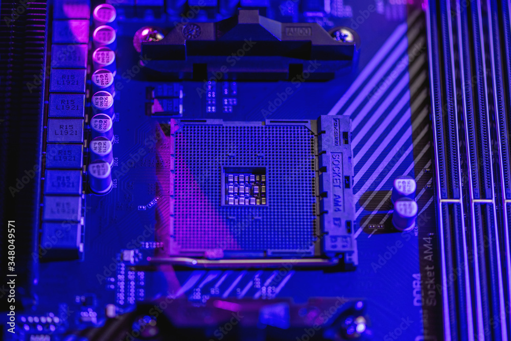 Socket am4. Close up of the AM4 socket for the motherboard with neon ...