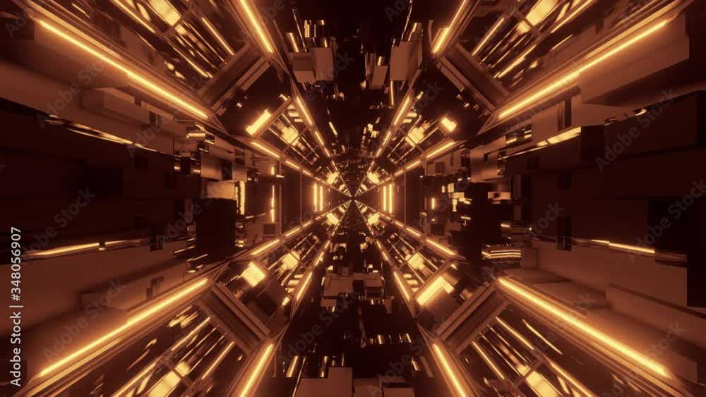Highly immersive golden color space tunnel with reflections on sides ...