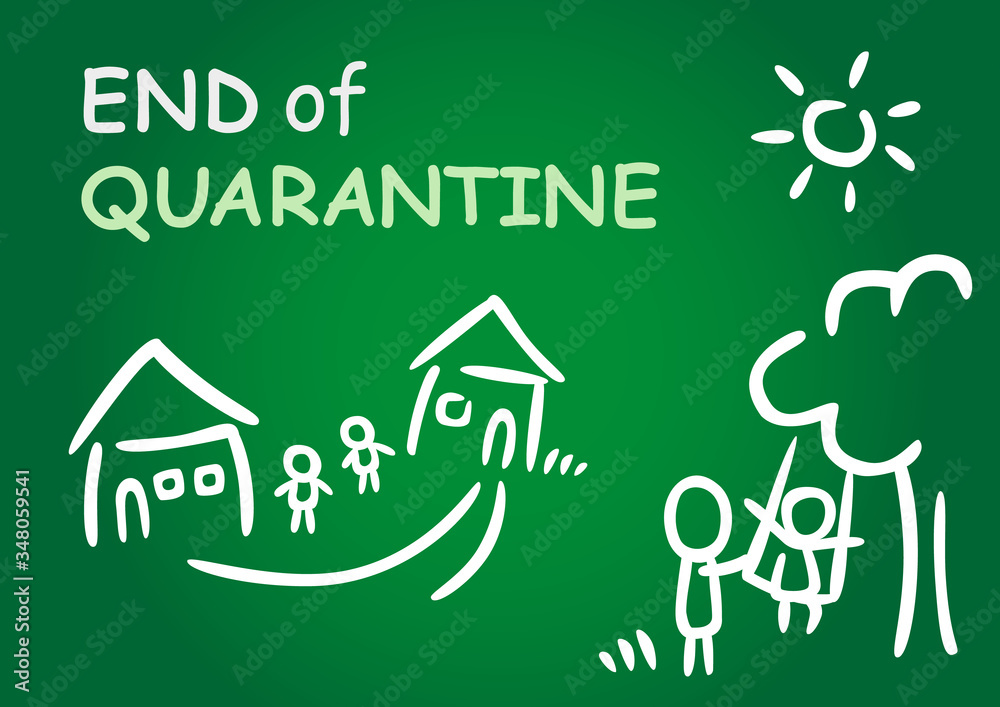 End of quarantine with house of happy family in cartoon style. Children ...