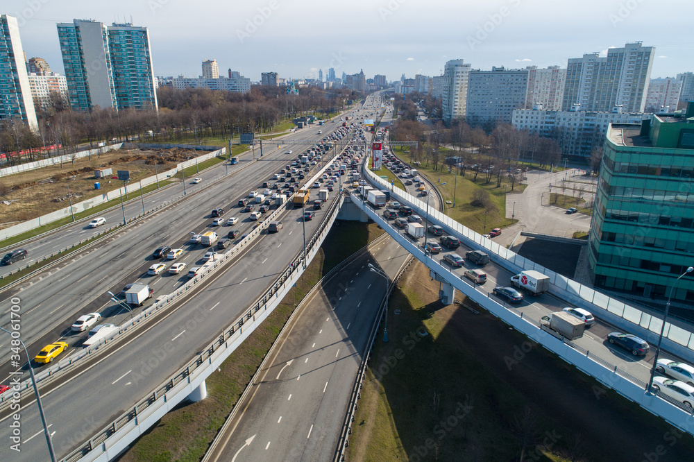 MOSCOW, RUSSIA - APRIL 15, 2020: An aerial view of a traffic congestion ...