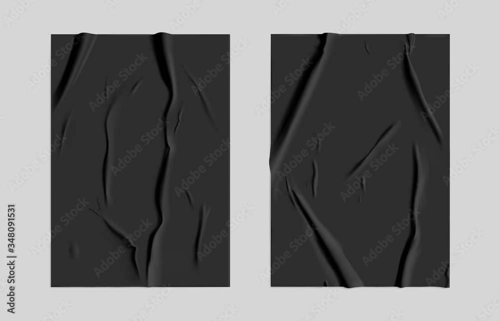 Black glued paper set with wet wrinkled effect on gray background ...