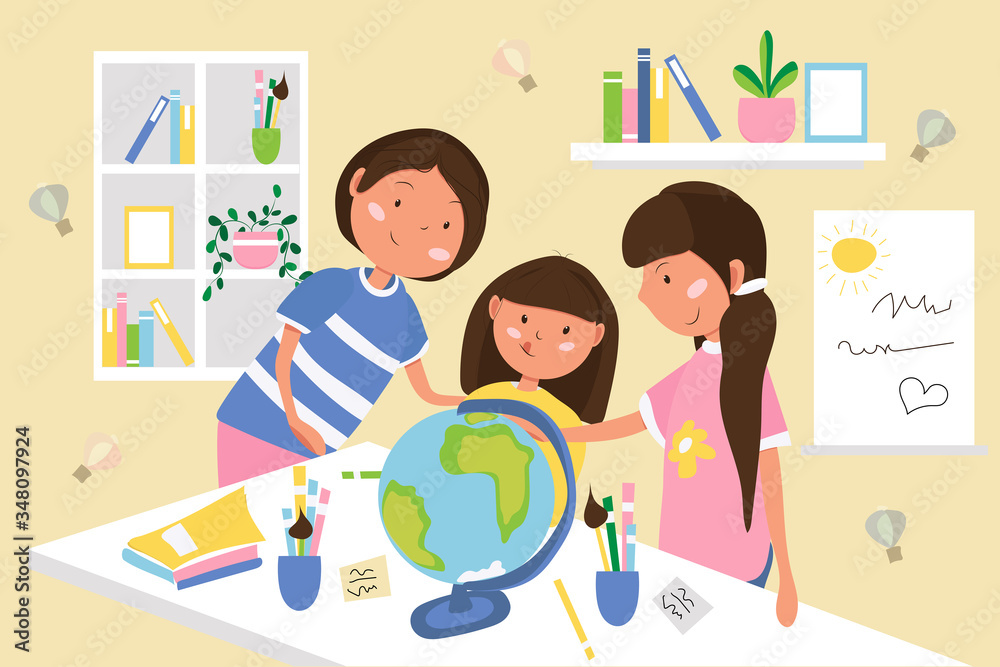 Homeschooling education concept. Childrens studying together at home ...
