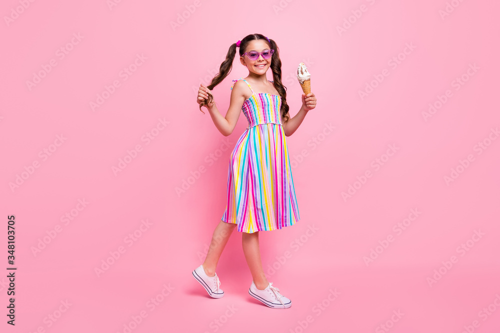 Full length photo of beautiful little lady two cute wavy tails good ...