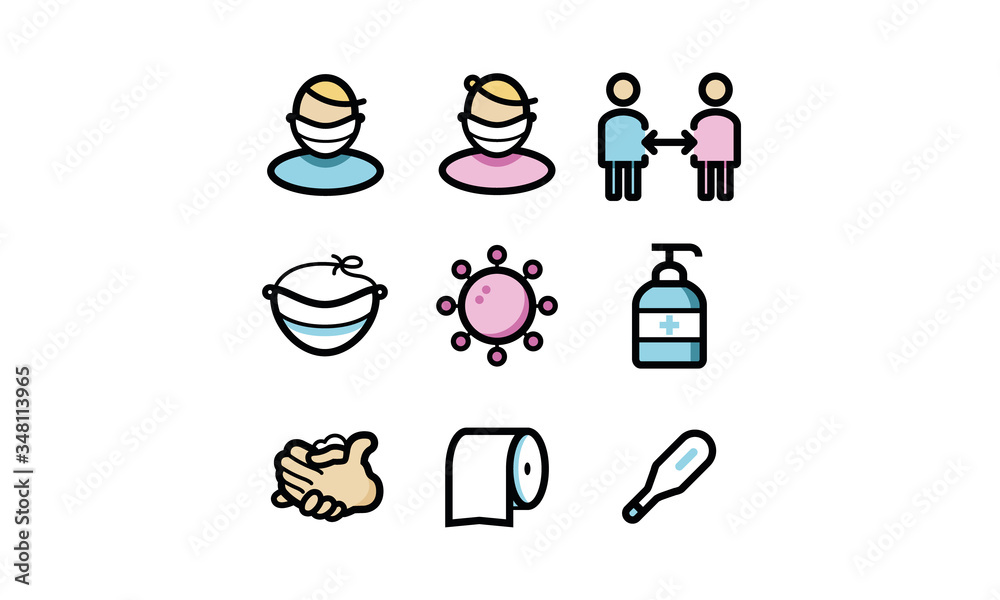 Simple set of colorful Corona prevention icons for infographic or ...