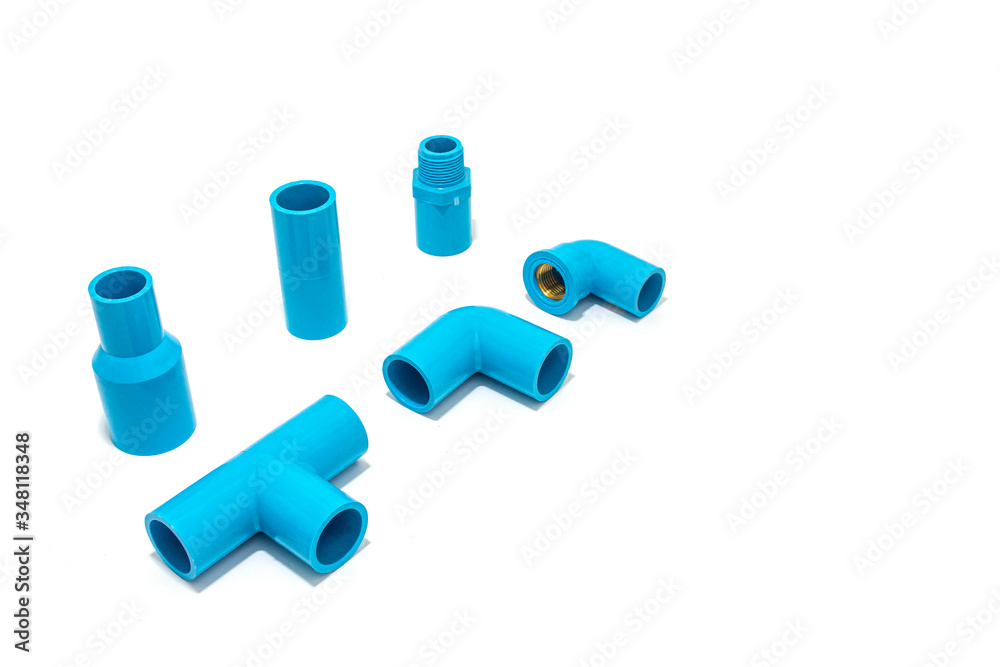 Blue PVC pipe set, separate on a white background, blue plastic water ...