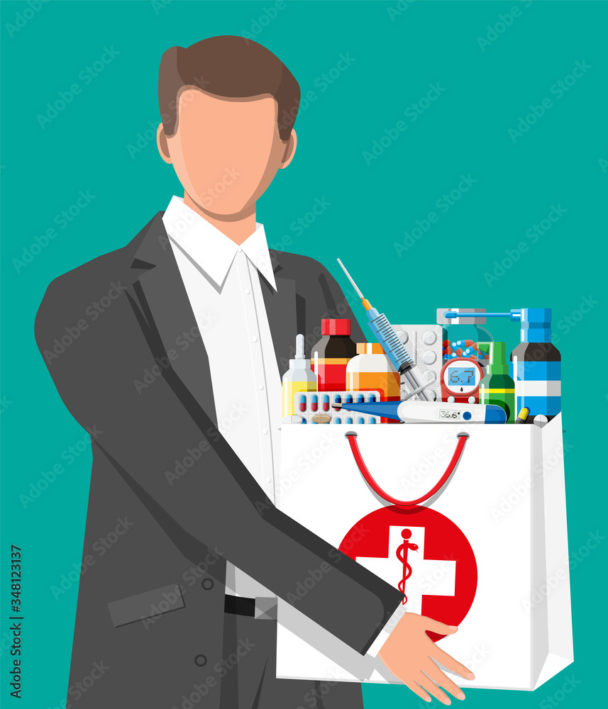 Man holding drugstore bag. Set of bottles, tablets, pills, capsules and ...