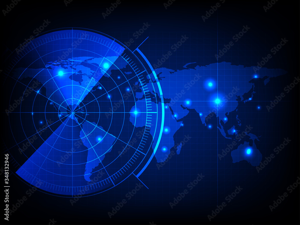 world map with a radar screen,digital blue radar with targets and world ...