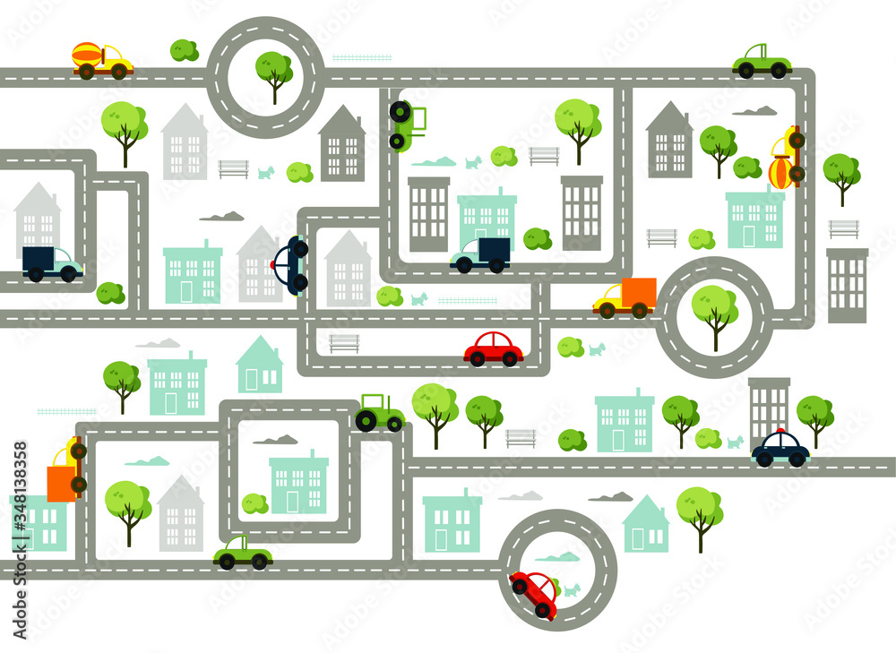 Baby City map with roads, transport, trees and houses. Flat vector ...