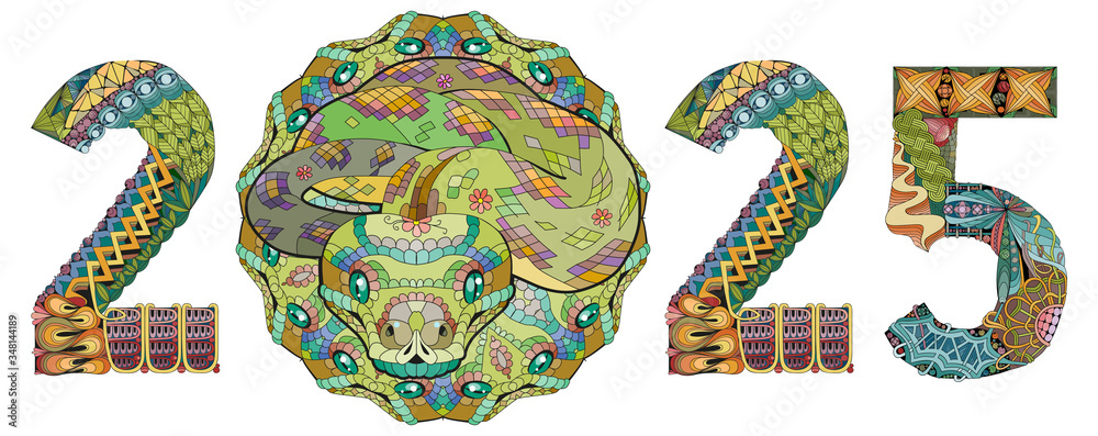 Zentangle stylized snake number 2025. Hand Drawn lace vector ...