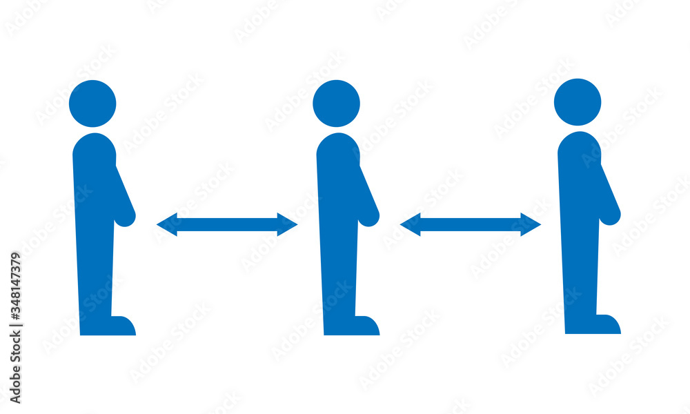 Keep distance in line. Blue icon of people in line on a ehite ...