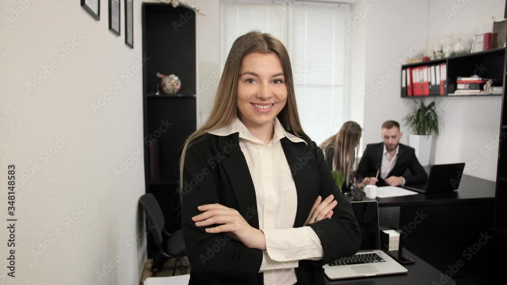 Beautiful smiling confident young cauasian woman pretty face looking at ...