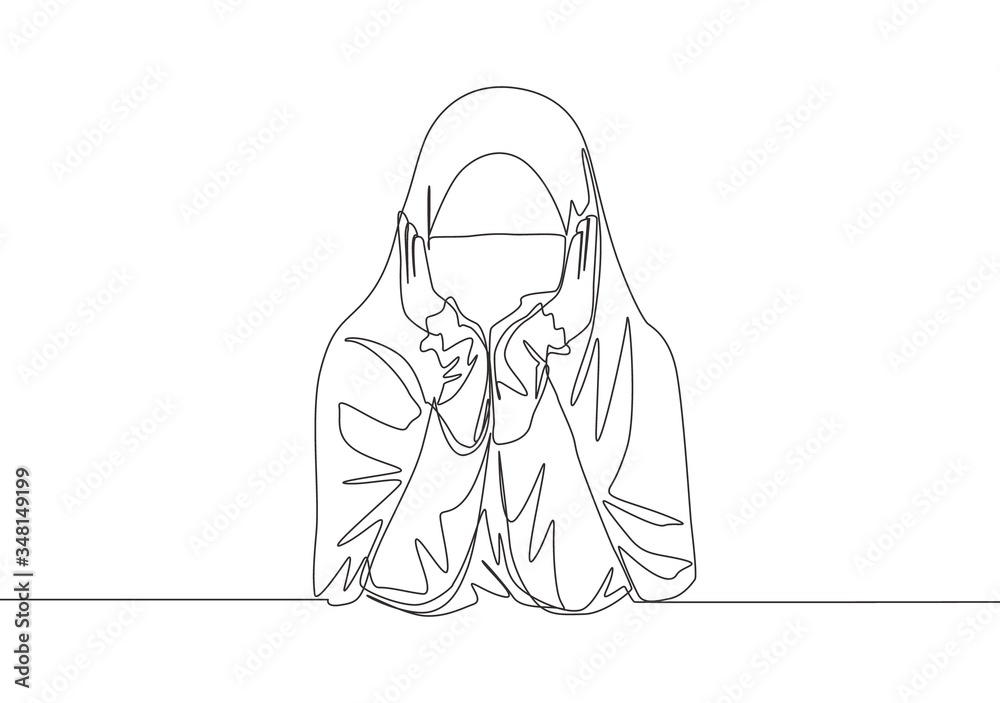 One continuous line drawing of young pretty middle east muslimah ...