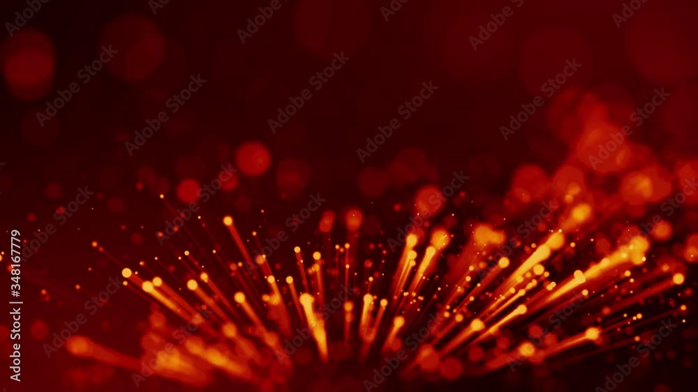 4k 3d animation with light effects. Red yellow particles float in ...