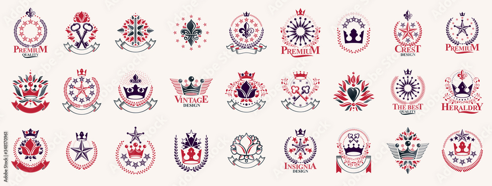 Heraldic Coat of Arms with crowns and stars vector big set, vintage ...