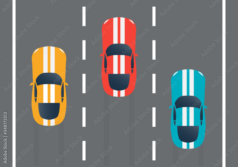 Racing cars on the rally track. Top view. Sport vehicles on the road ...