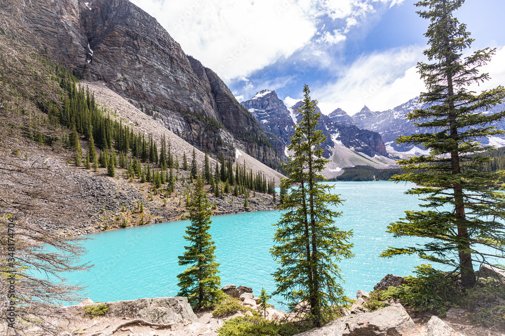 Moraine lake Alberta Canada with it's natural green color surrounded by ...