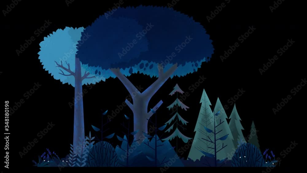 Seamless loop. Group of trees, bushes and grass swinging in wind. Blue ...