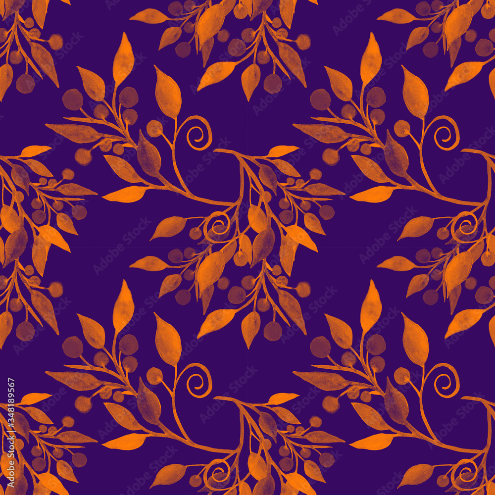 Watercolor floral seamless pattern. Sprigs with petals and berries ...