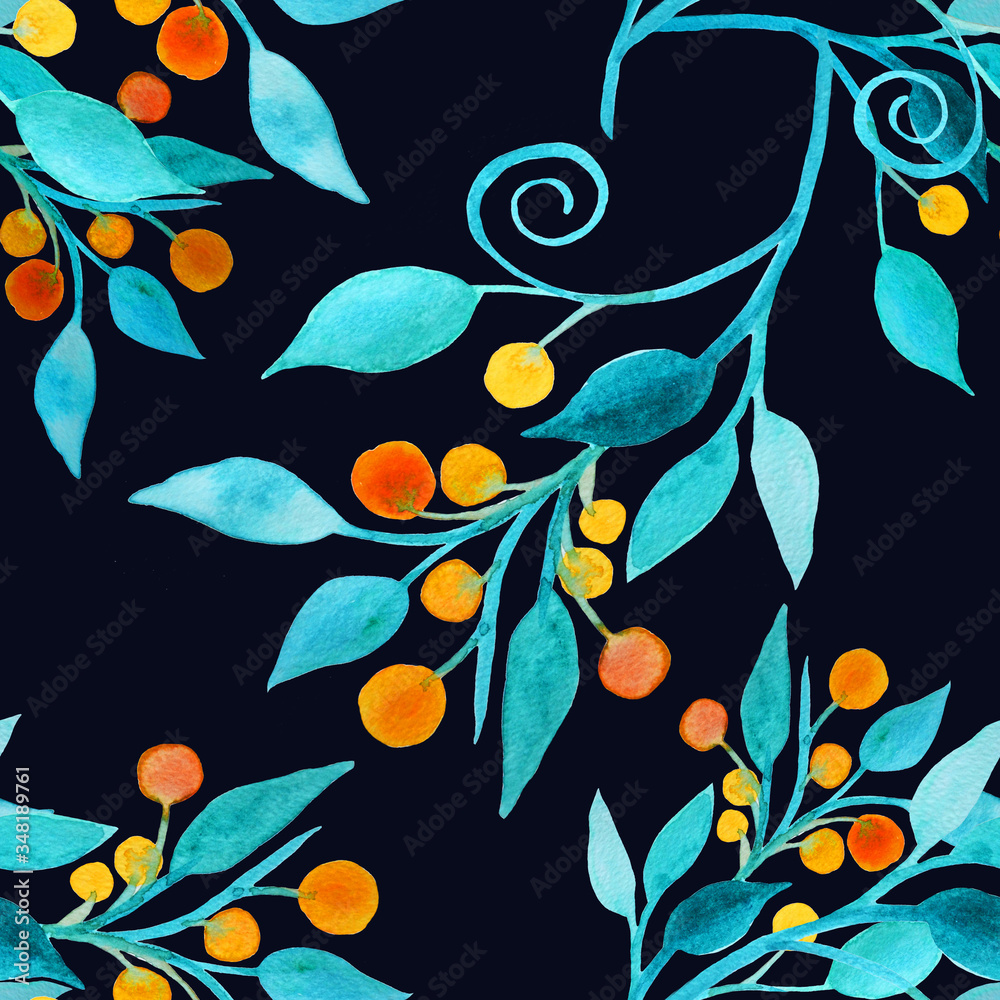 Watercolor floral seamless pattern. Sprigs with petals and berries ...