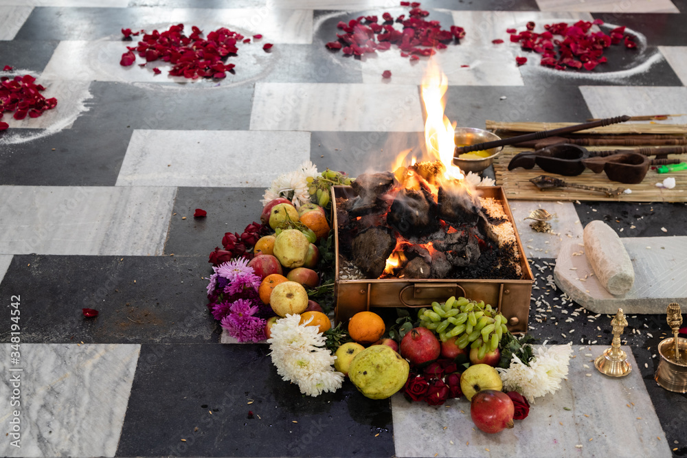 items for the Indian Yajna ritual. Indian Vedic fire ceremony called ...