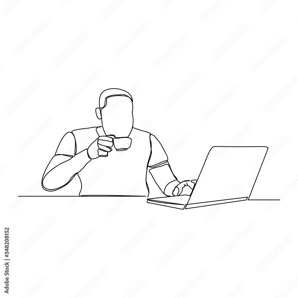 continuous line drawing of man sitting and work with laptop. single ...