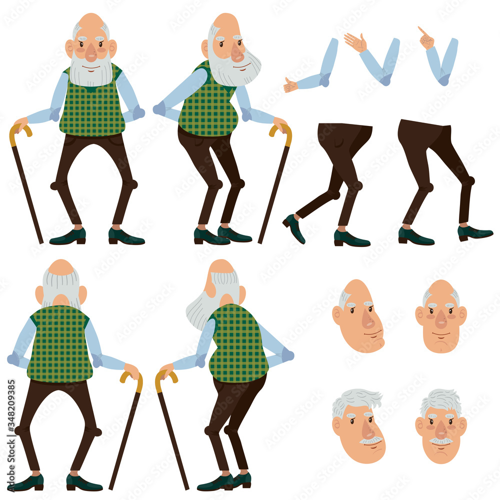 Flat icons set of old man with stick. Views, poses and hairstyles ...