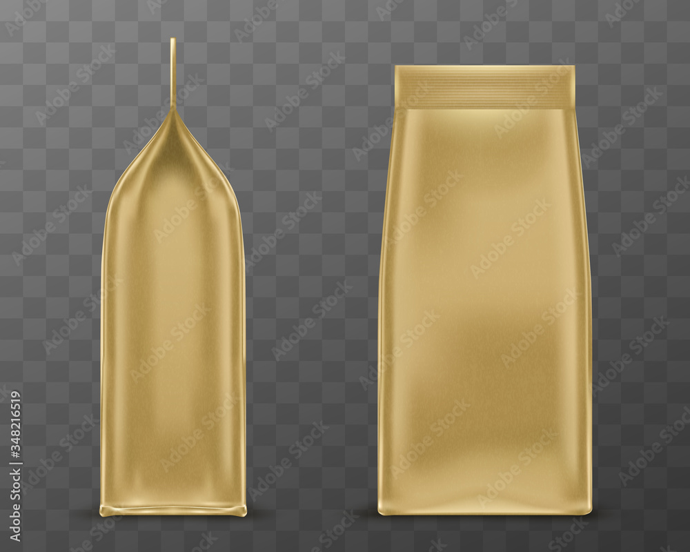 Golden doy pack, pouch paper or foil bag side and front view. Sachet ...