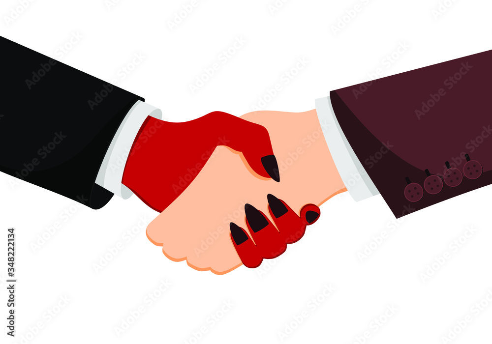 Vector illustration of hand shaking between people and devil isolated ...