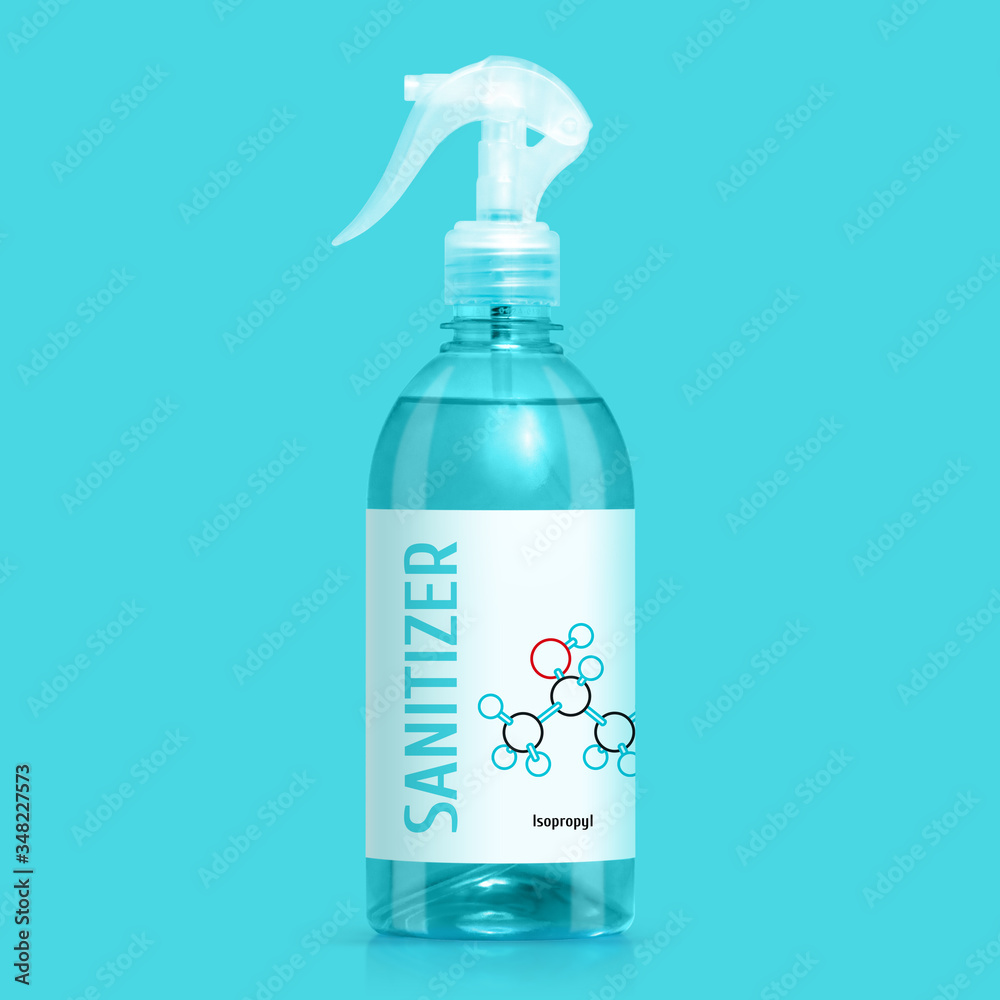 Big plastic bottle with blue sanitizing gel and dispenser to wash hands ...