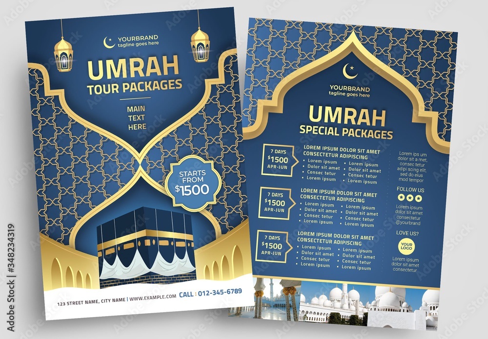 Umrah Tour Flyer Layout with Arabic Pattern Stock Template | Adobe Stock