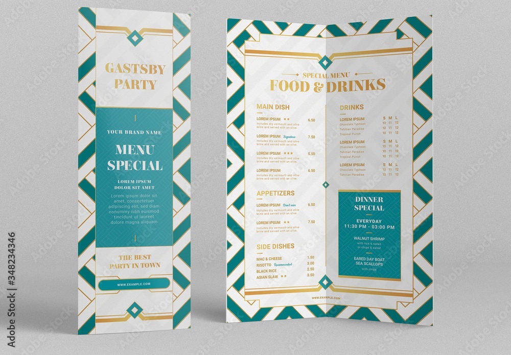 Bi-Fold Menu Layout with Art Deco Patterns Stock Template | Adobe Stock