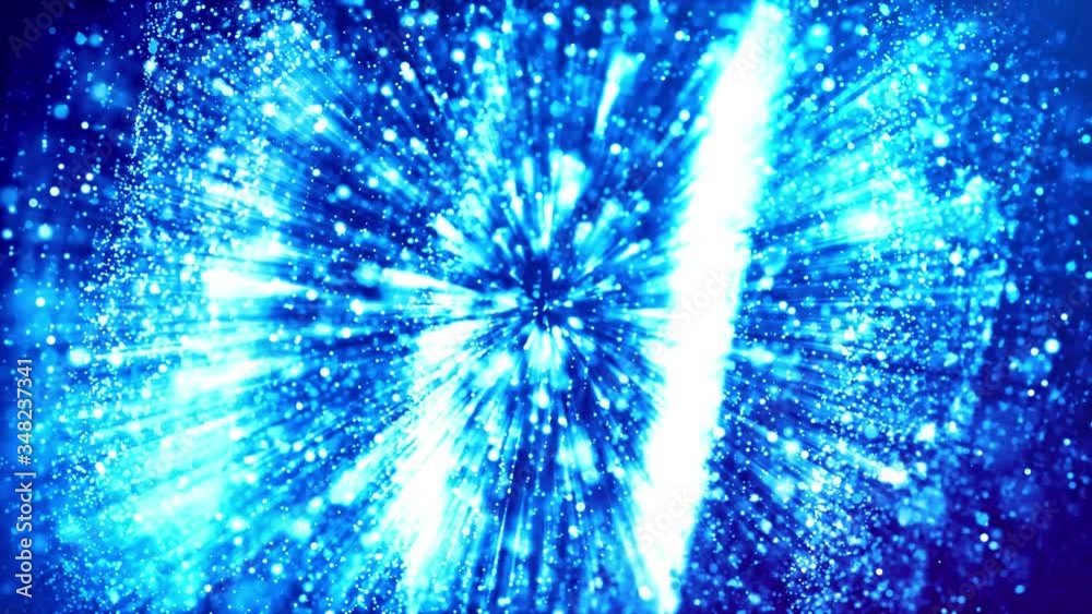 blue shiny sparkling particles with light rays move in a viscous liquid ...