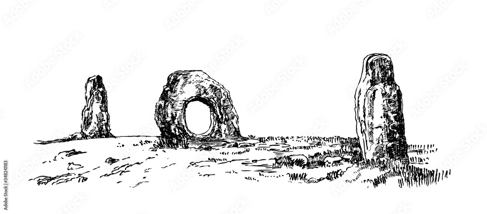 Menhirs, vertical stones of unknown origin, vector illustration ...