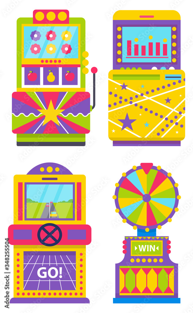 Set of different colorful retro arcade machines isolated on white. Game ...