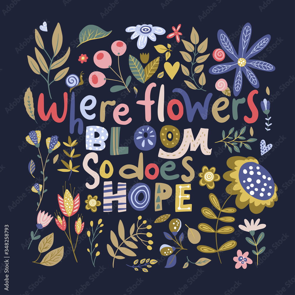 Floral color vector lettering card in a flat style. Ornate flower ...
