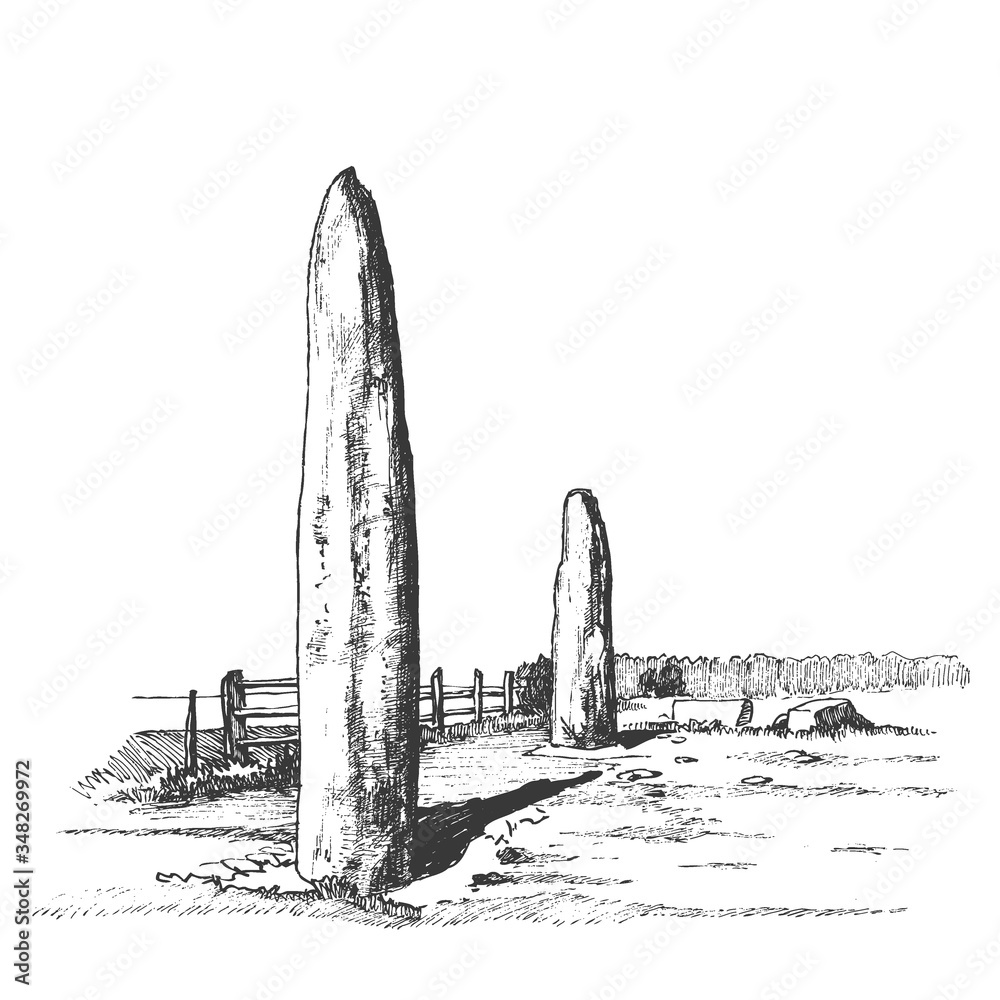 Menhirs, vertical stones of unknown origin, vector illustration ...