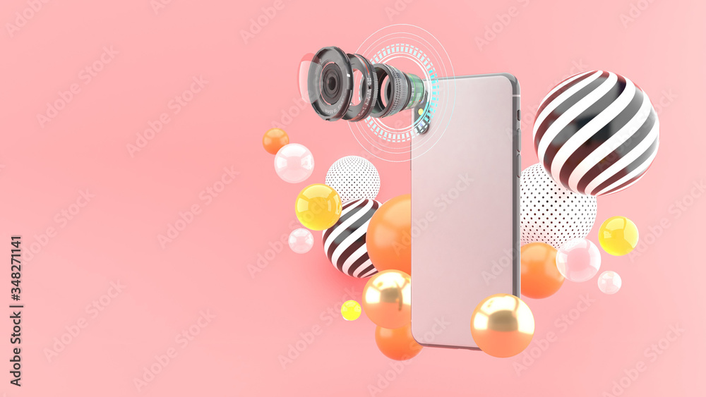 Mobile cameras float out of the smart phone amidst many colorful balls ...