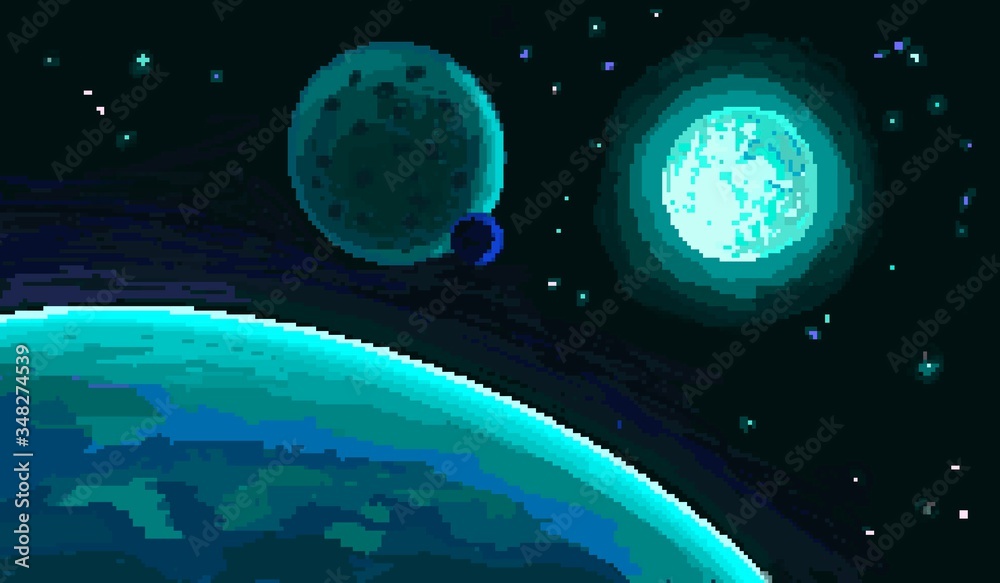Pixel galactic background with the bright planet and a lot of stars ...