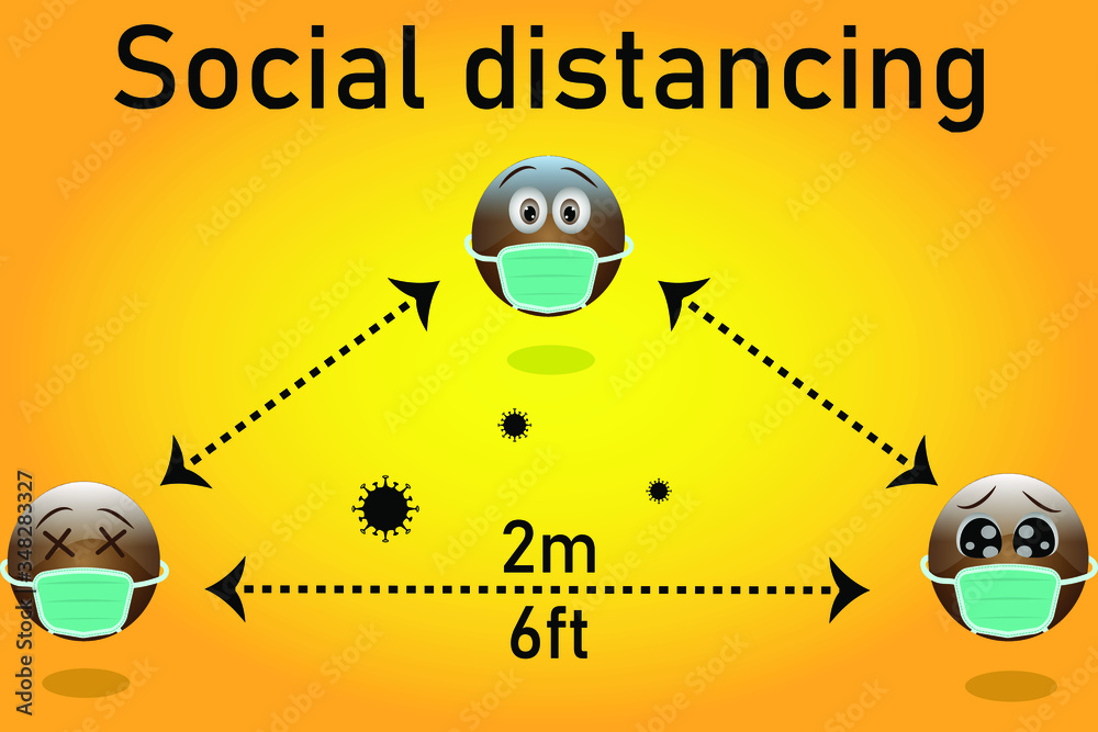 Vector illustration of three black emojis wearing masks and maintaining ...