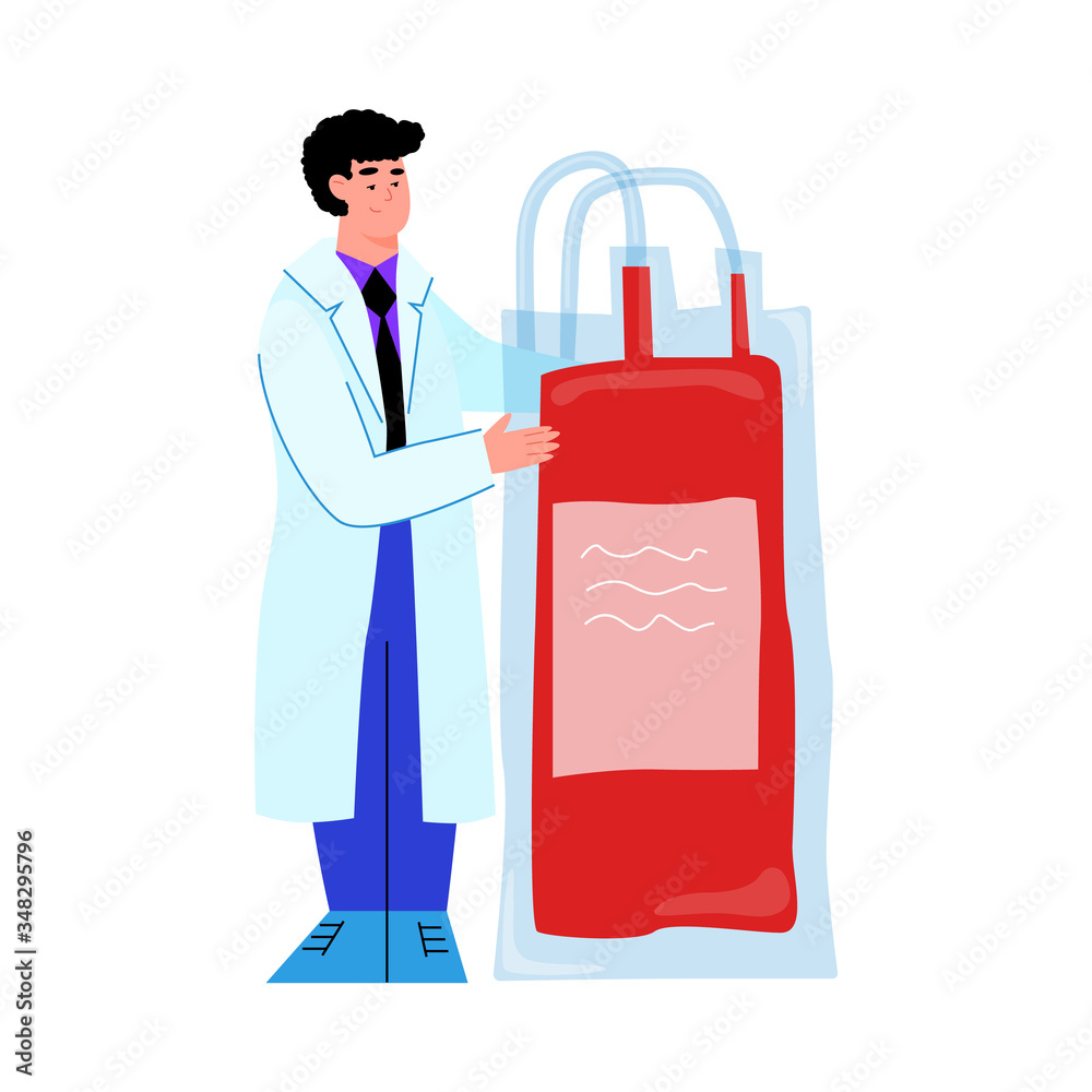 Cartoon doctor holding blood transfusion bag from donor donation Stock ...