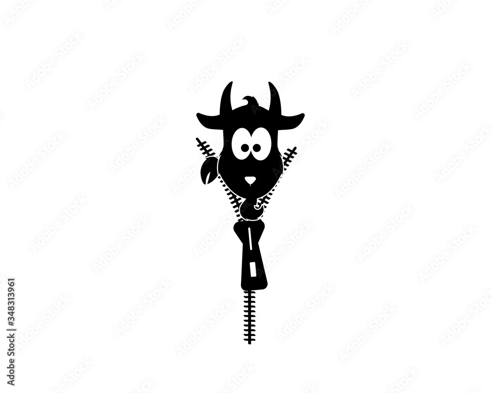Goat behind zipper, vector. Fun illustration. Funny cartoon character ...