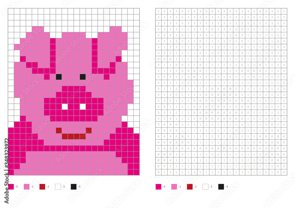 Kids coloring page, pixel coloring cartoon pig. Vector illustration ...