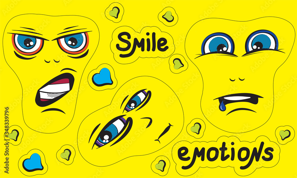 Stickers with funny faces emoji with facial expressions. Handwritten ...