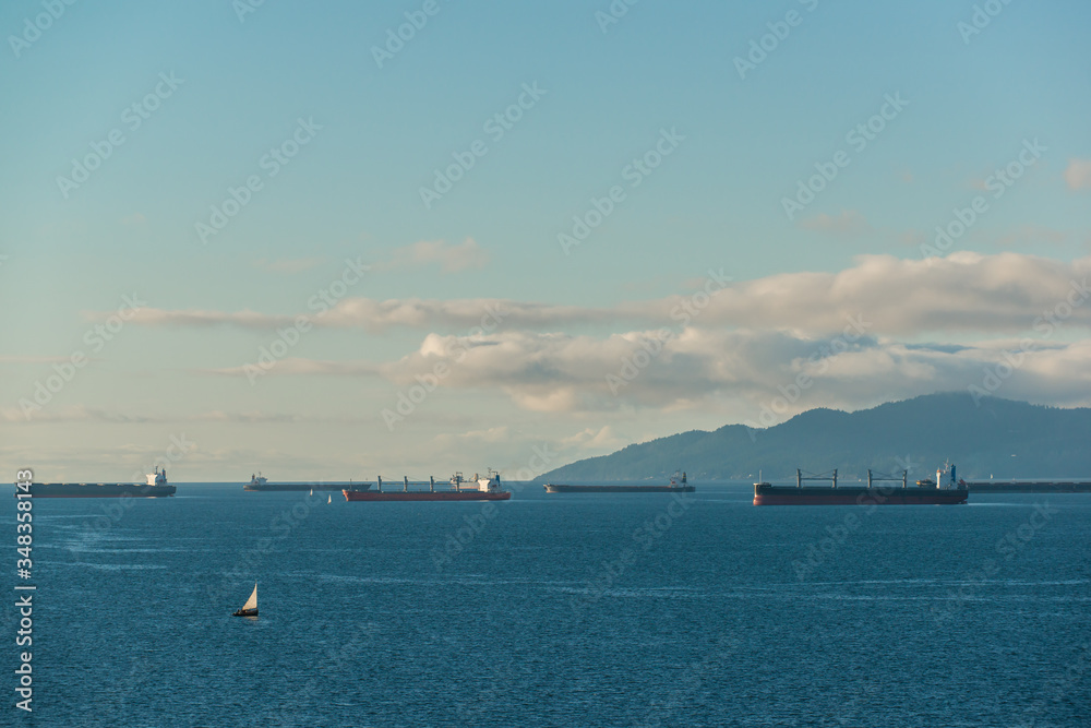 Tanker and Freighter Ships Wait in Burrard Inlet Vancouver, British ...