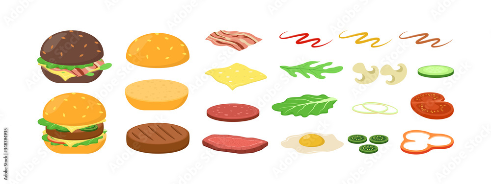 Cartoon burger ingredients flat icon collection. Isolated cheese, bun ...