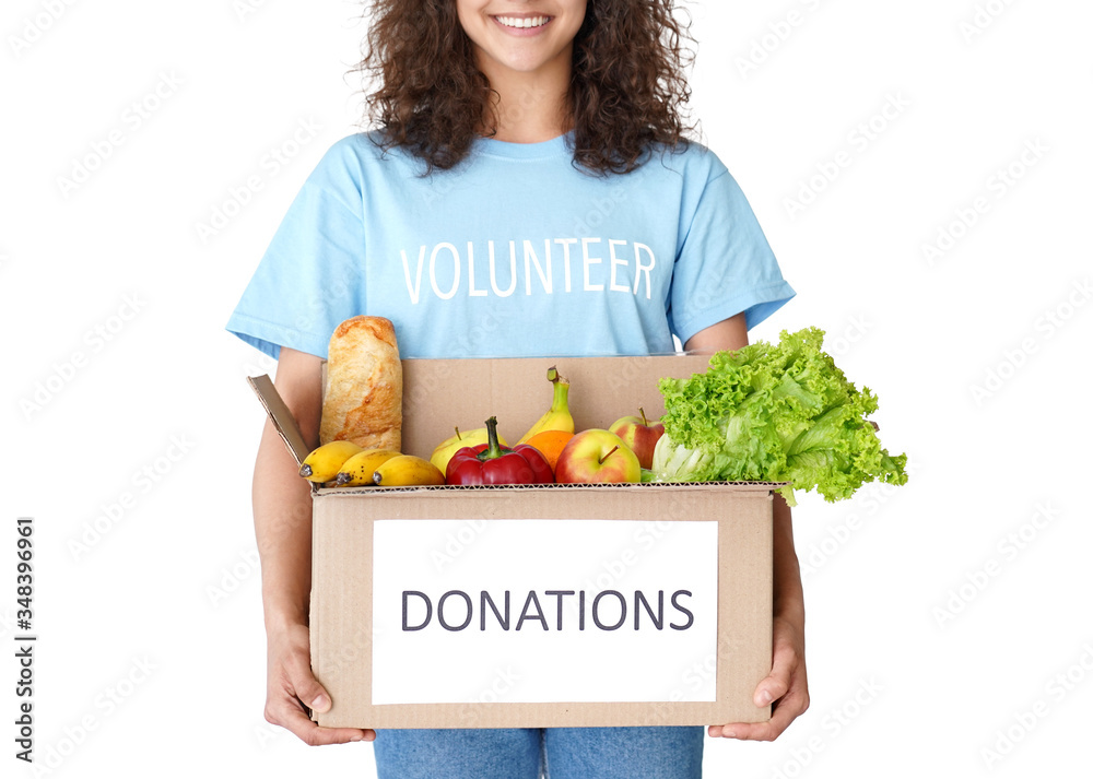 Smiling young woman courier wearing volunteer tshirt holding social ...