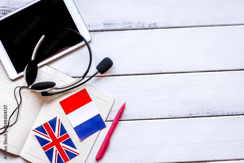 learn language online lifestyle on wooden table background top view ...