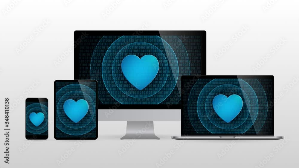 Computer devices with love icon. Realistic set monitors desktop laptop ...