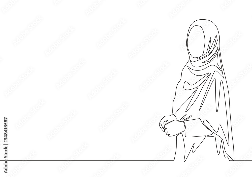Single continuous line drawing of young happy muslimah girl with ...